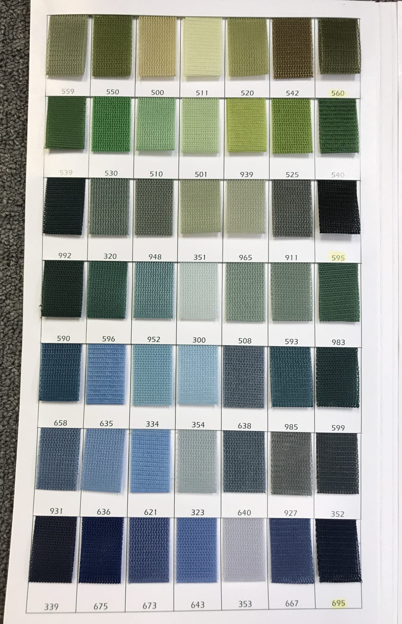 Bond 780 Veltron binding color chart - Bond Products Inc